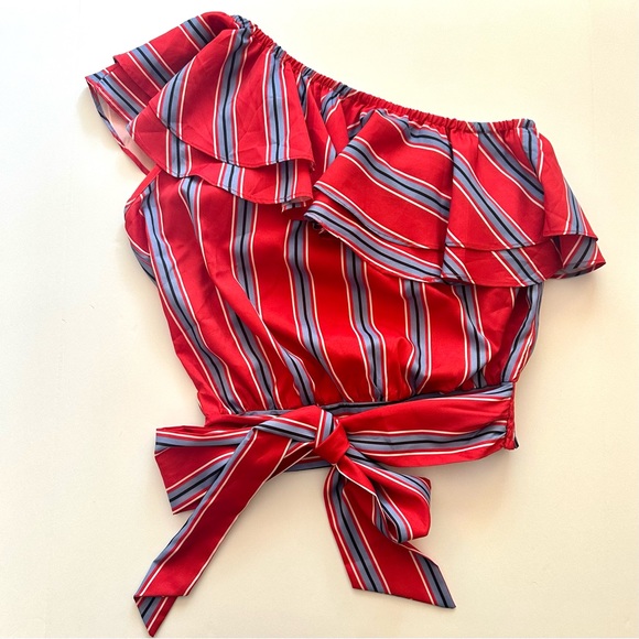 TCEC | Tops | Tcec Red Blue And White Stripped Off Shoulder Ruffle Top ...